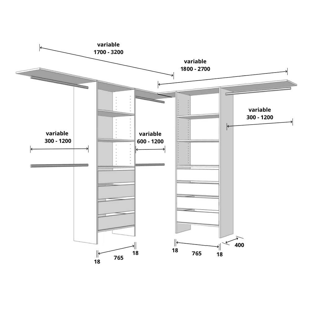 Walk-In Wardrobe Organiser & Soft Close Drawers Kitset L2DD800 Walk-In Wardrobe Organiser & Soft Close Drawers Kitset L2DD800