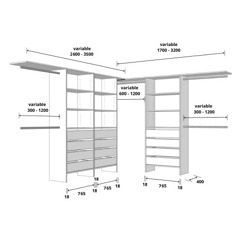 Walk-In Wardrobe Organiser Kitset Soft Close Drawers L3DDD800