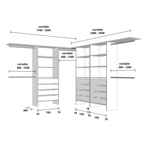 Walk-In Wardrobe Organiser Kitset Soft Close Drawers L3DDD800